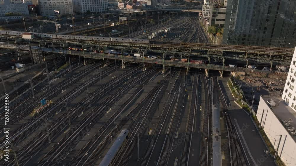 Railroad trains traversing bustling Sunnyside Yard, industrial ...