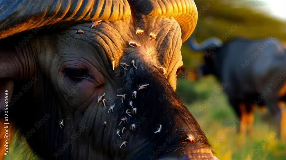 Extreme Close-up of Cape Buffalo with massive horns. many mites suck to ...