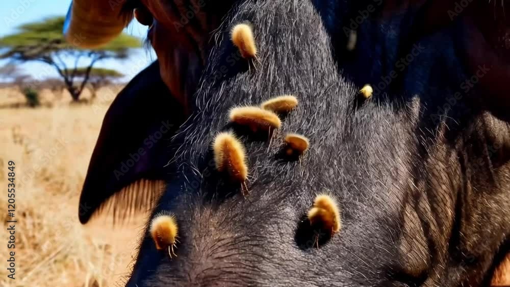 Extreme Close-up of Cape Buffalo with massive horns. many mites suck to ...