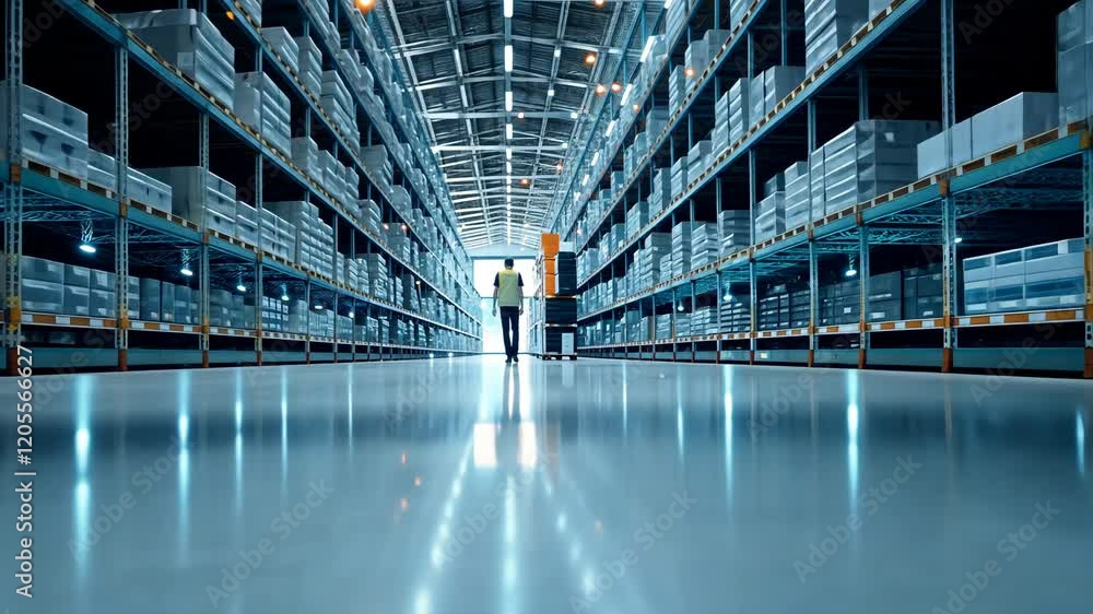 Warehouse Inventory Management: A lone worker walks down the long aisle ...