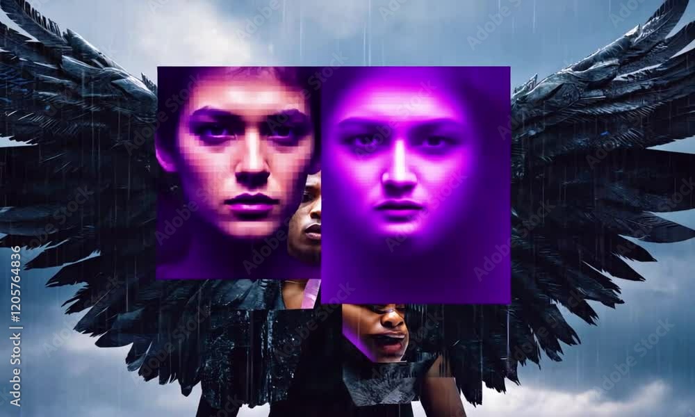 A fallen angel with glitching, broken wings that flicker in and out of ...