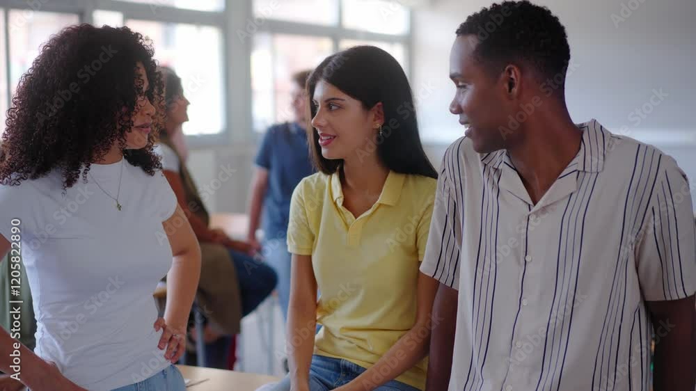 A group of multiracial students talk casually among themselves in the ...