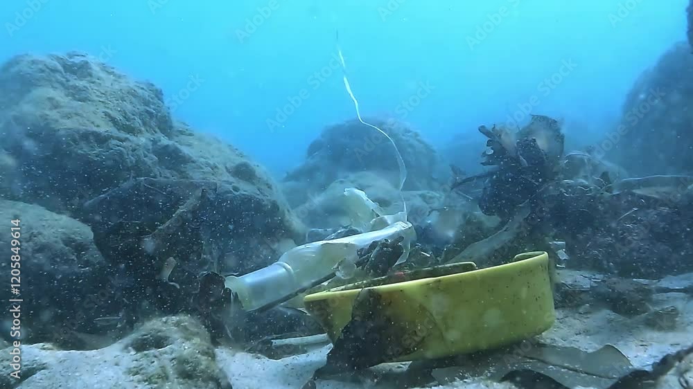 A mix of plastic bottles, containers, and debris litter the ocean floor ...