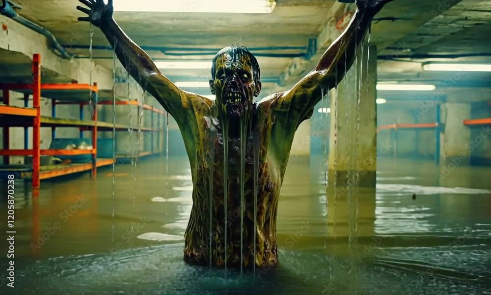 A zombie rising from an eerie flooded basement, water dripping from its ...