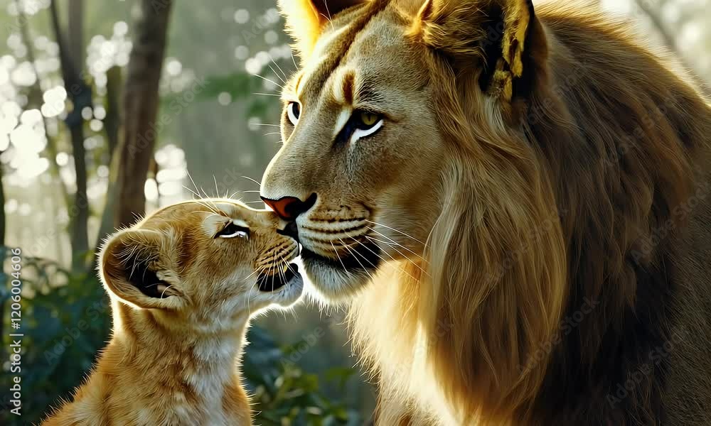 Closeup of a Lion Cub and Adult Lion Nuzzling in a Forest. A lion cub ...