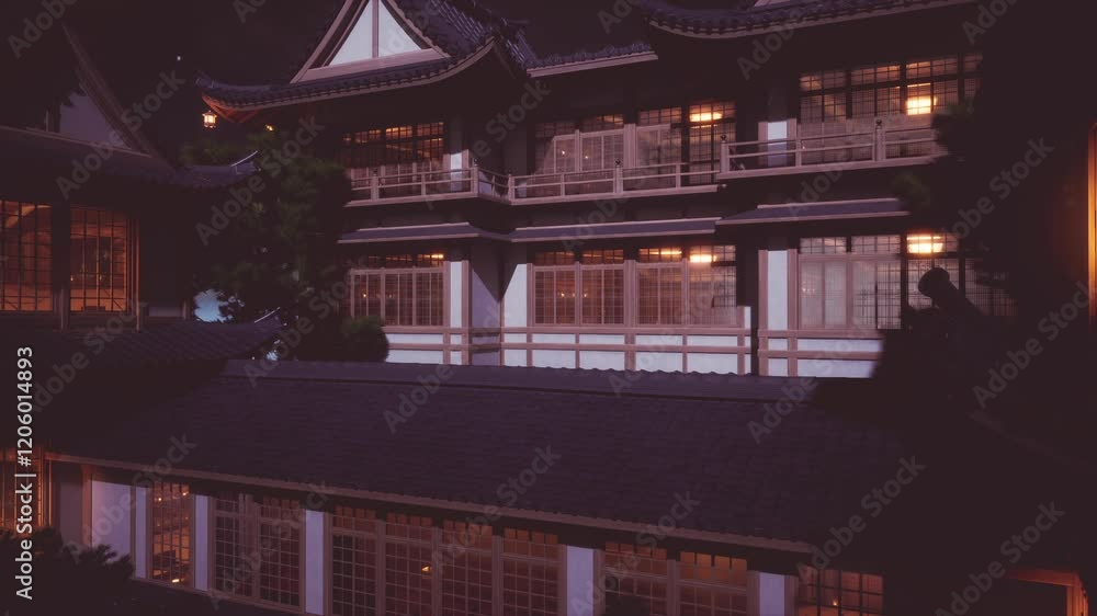 The grand residence of the shogun stands illuminated at night ...