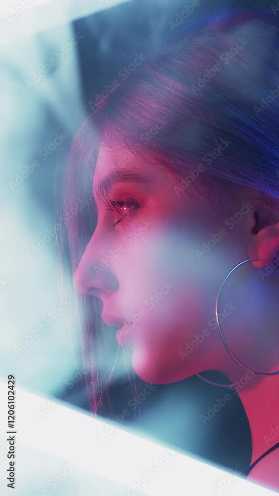 Vertical video. Neon light face. Cyberpunk beauty. Disco 80s nightlife ...