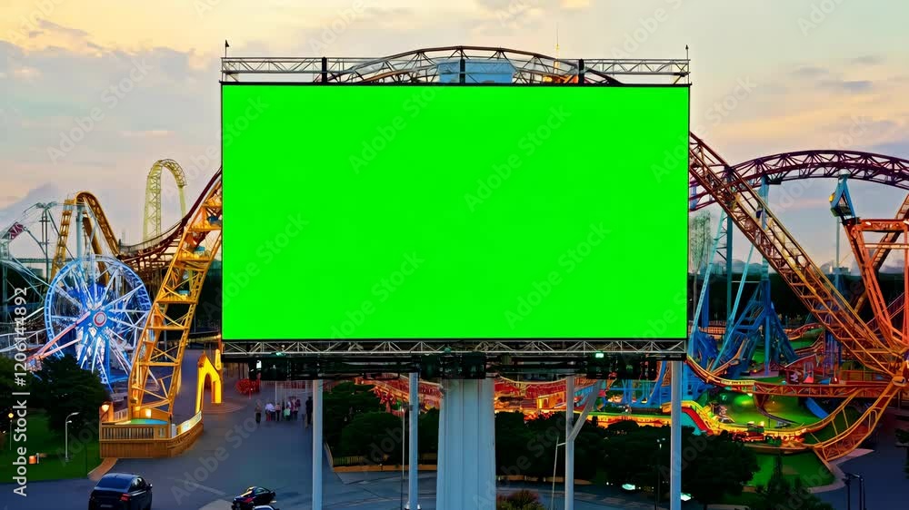 Large outdoor billboard with a green chroma key screen in an amusement ...