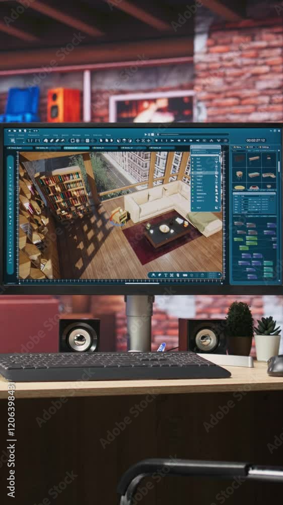 Vertical video Architectural design 3D modeling program on PC screen ...