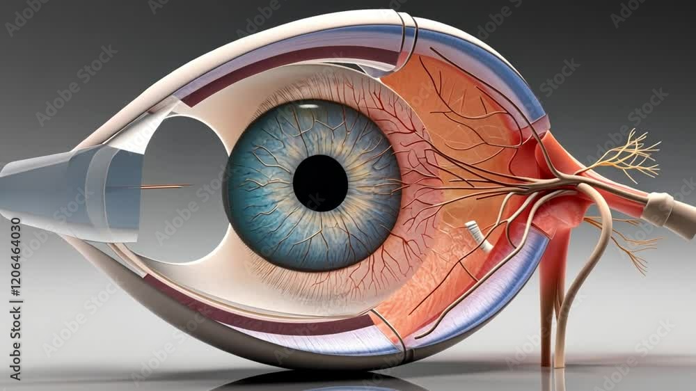 3D model of human eye anatomy with transparent layers, displaying the ...