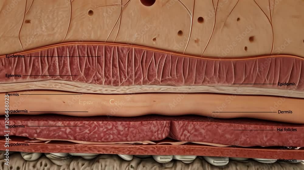 Layered 3D diagram of human skin structure, illustrating the epidermis ...