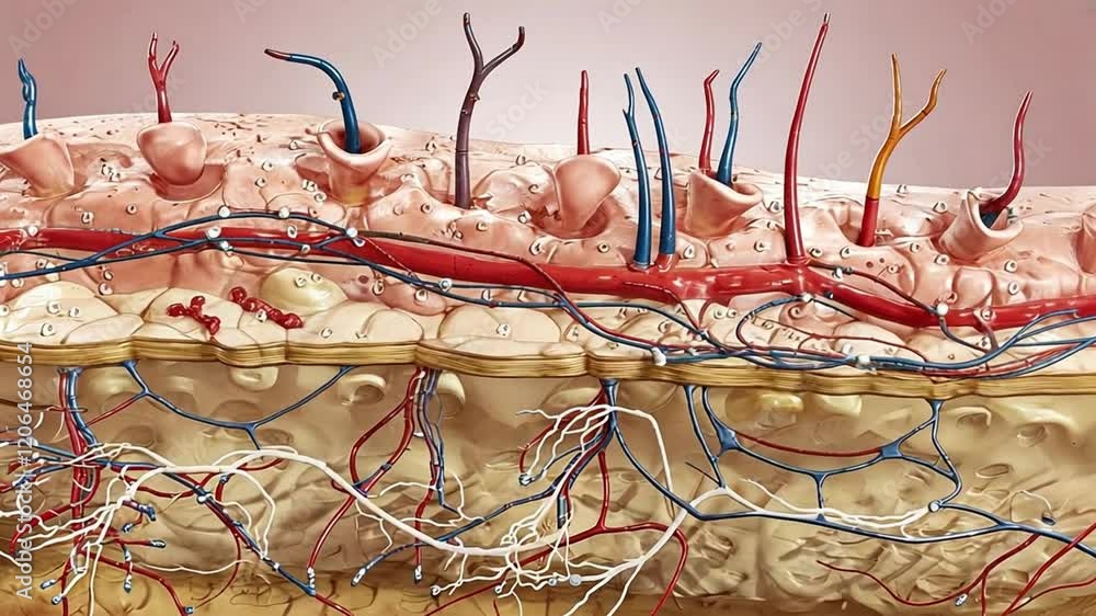 3D model of human skin detailing sweat glands, blood vessels, nerves ...