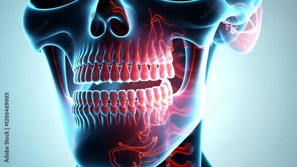 3D x-ray illustration of human oral cavity features, showing teeth ...