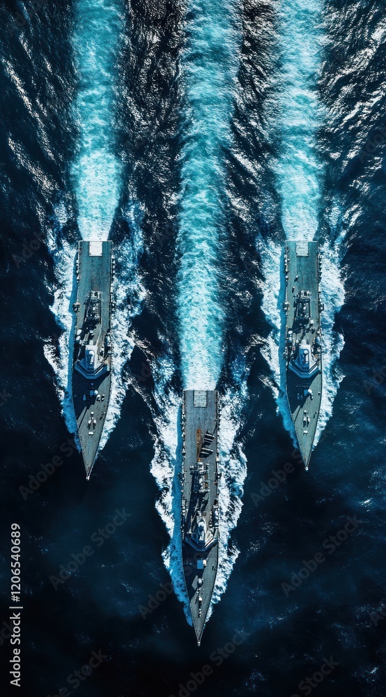Photo & Art Print Aerial view Three warships, ocean patrol, formation ...