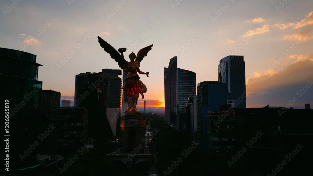 sunset in the Mexico city downtown, angel de la independencia landmark ...