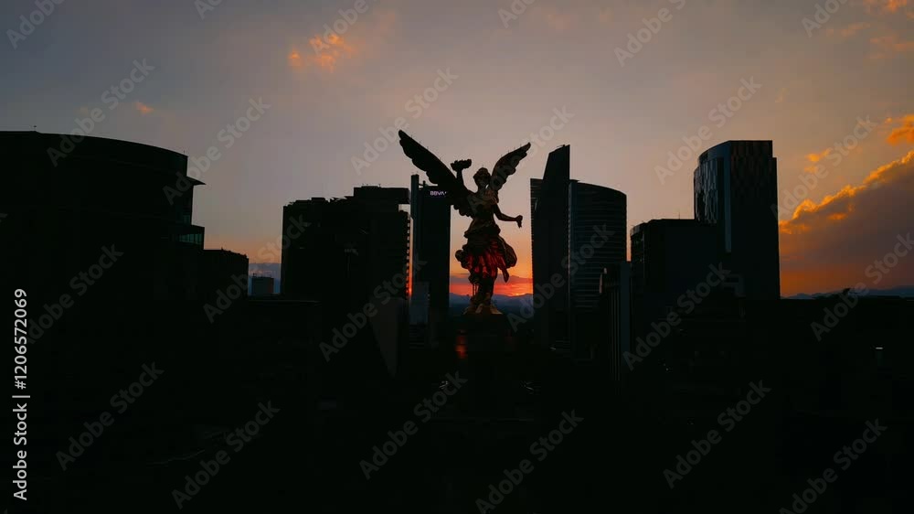 sunset in the Mexico city downtown, angel de la independencia landmark ...