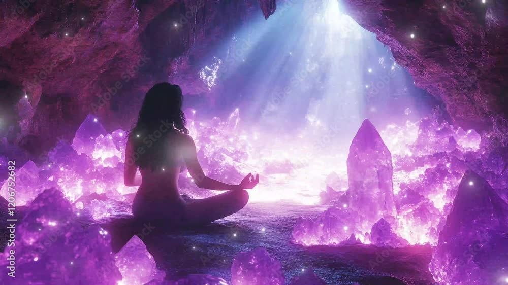 A woman meditates in peace among glowing amethyst crystals. glitch ...