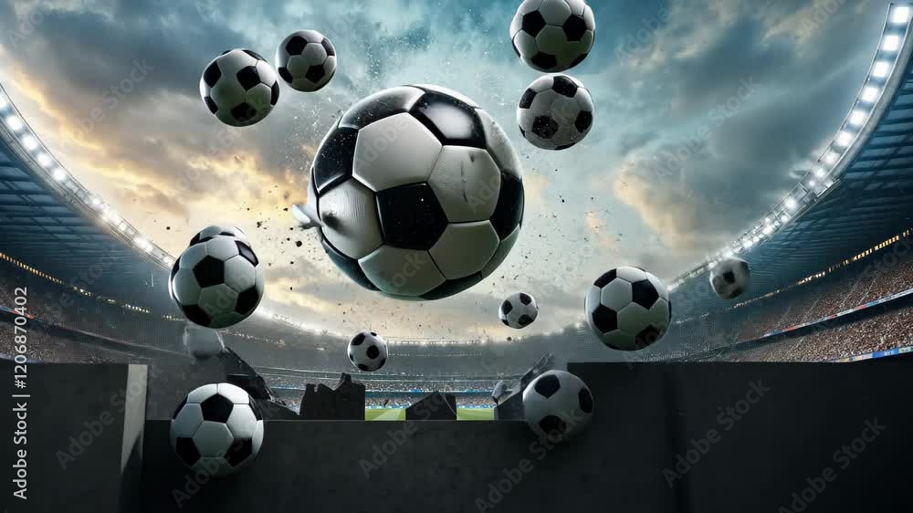 Epic moment of a soccer ball breaking through a wall in a stadium ...