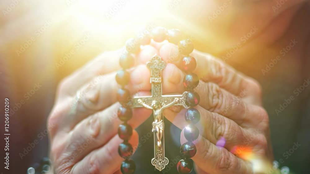 Holy reflection: hands joined in prayer with a rosary and a crucifix of ...