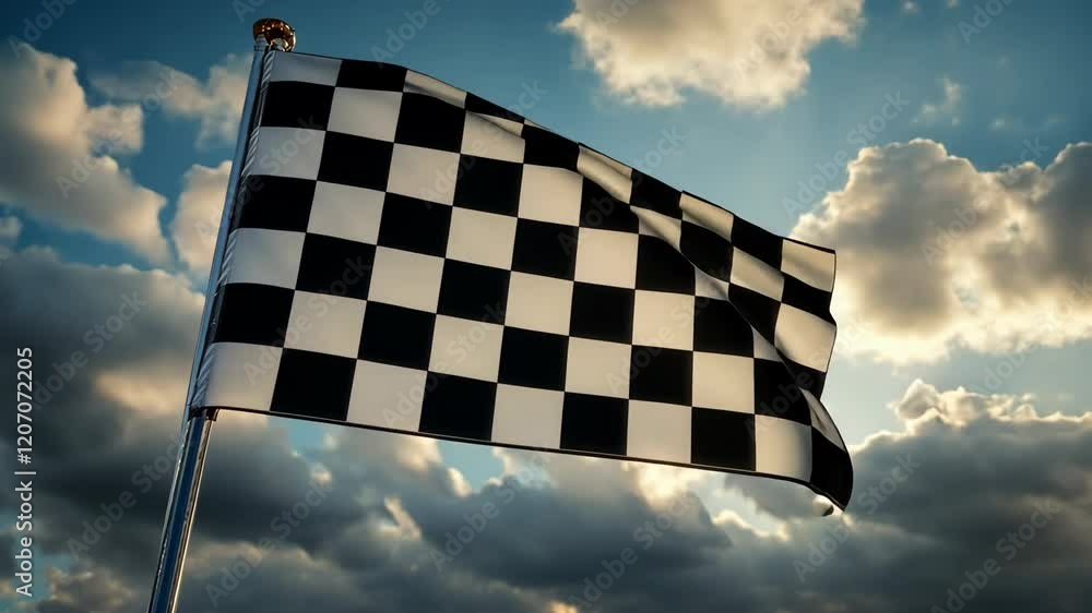 Black and white checkered flag is flying in the sky. The flag is on a ...