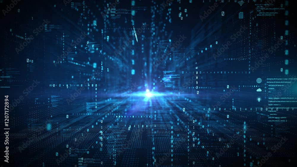 Dynamic digital background featuring binary codes, Futuristic data network and blockchain ...