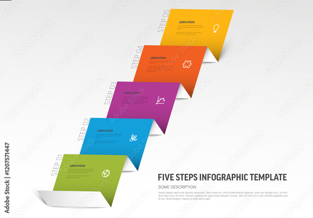 Infographic template layout with five sequential steps with icons and ...