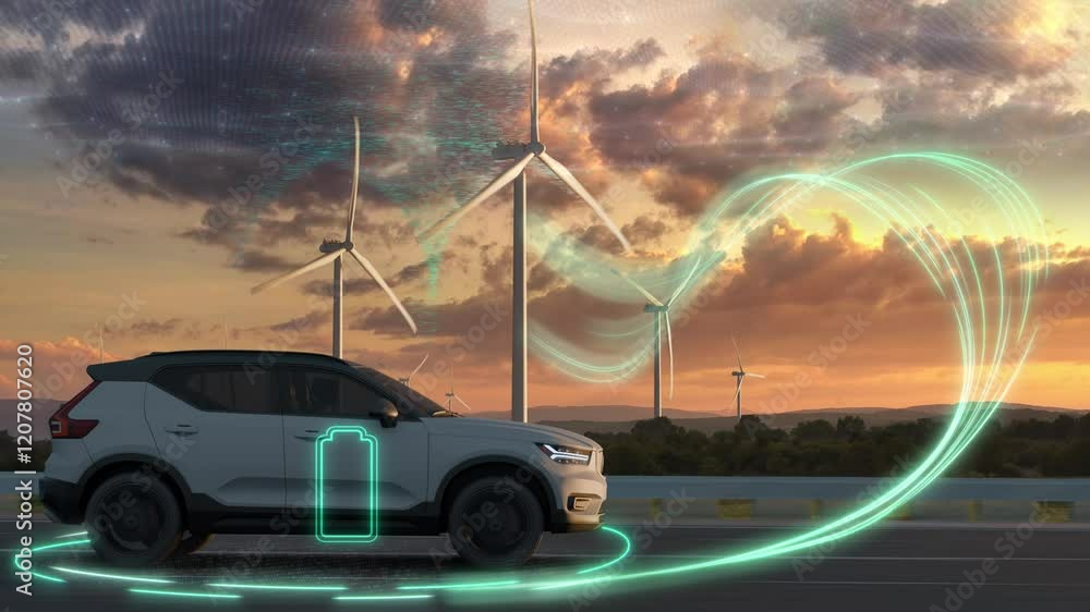 Electric car drives along a windmills. 3d vfx animation of electric ...