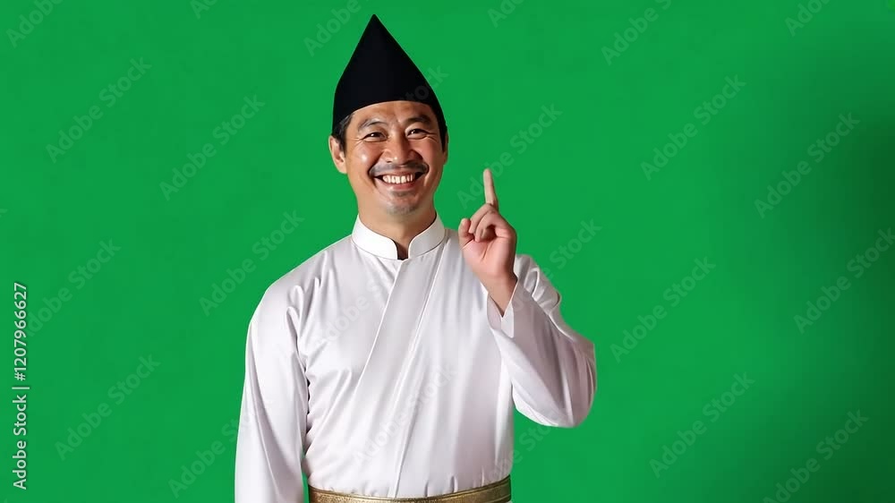 Traditional Javanese male wearing blangkon hat, smiling confidently ...