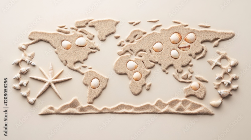 Fotografia Sandy world map featuring seashells marking notable ...