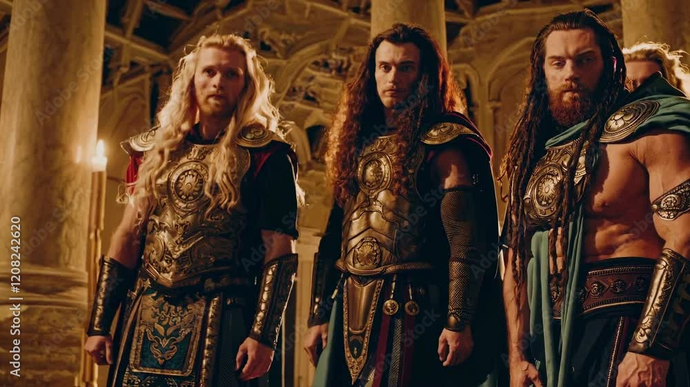 Group of powerful olympian gods standing proudly in the grand temple of ...