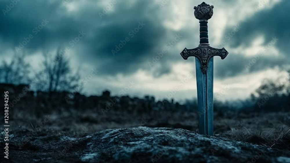 Scene of sword stuck in battlefield video, smooth repeating motion for ...