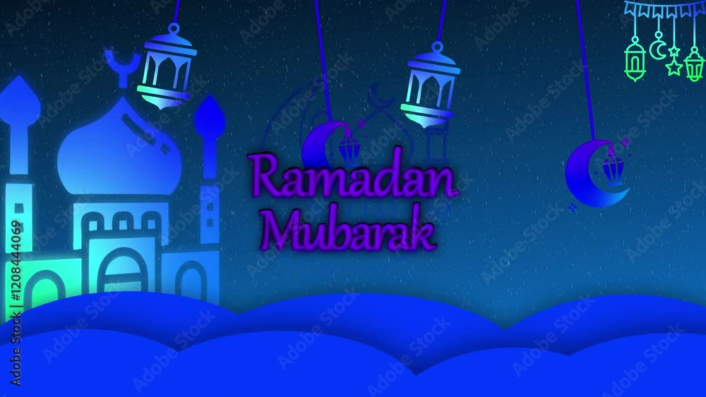 Ramadan Mubarak Celebration Background with Lanterns and Mosque ...
