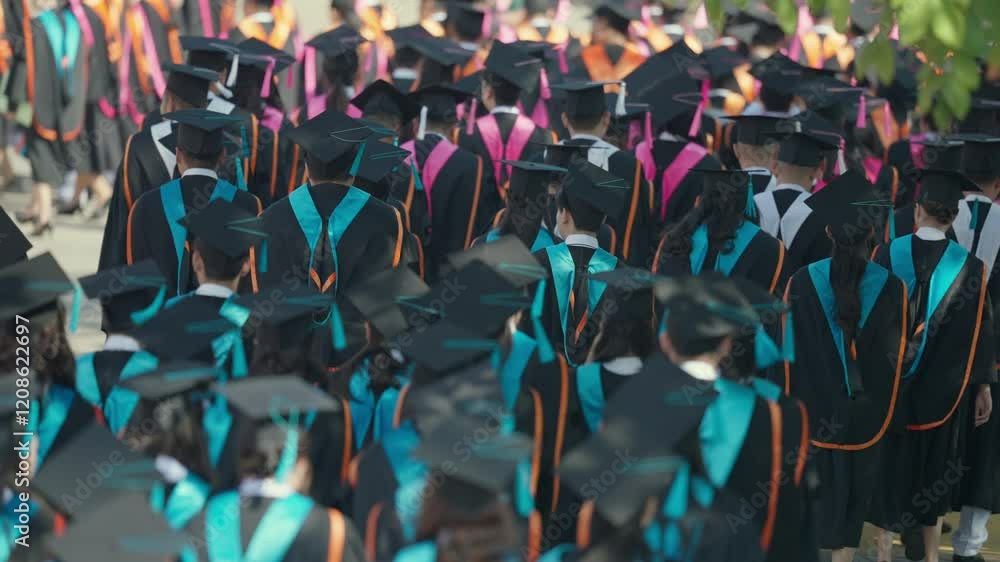 A large group of people wearing graduation caps and gowns are walking ...