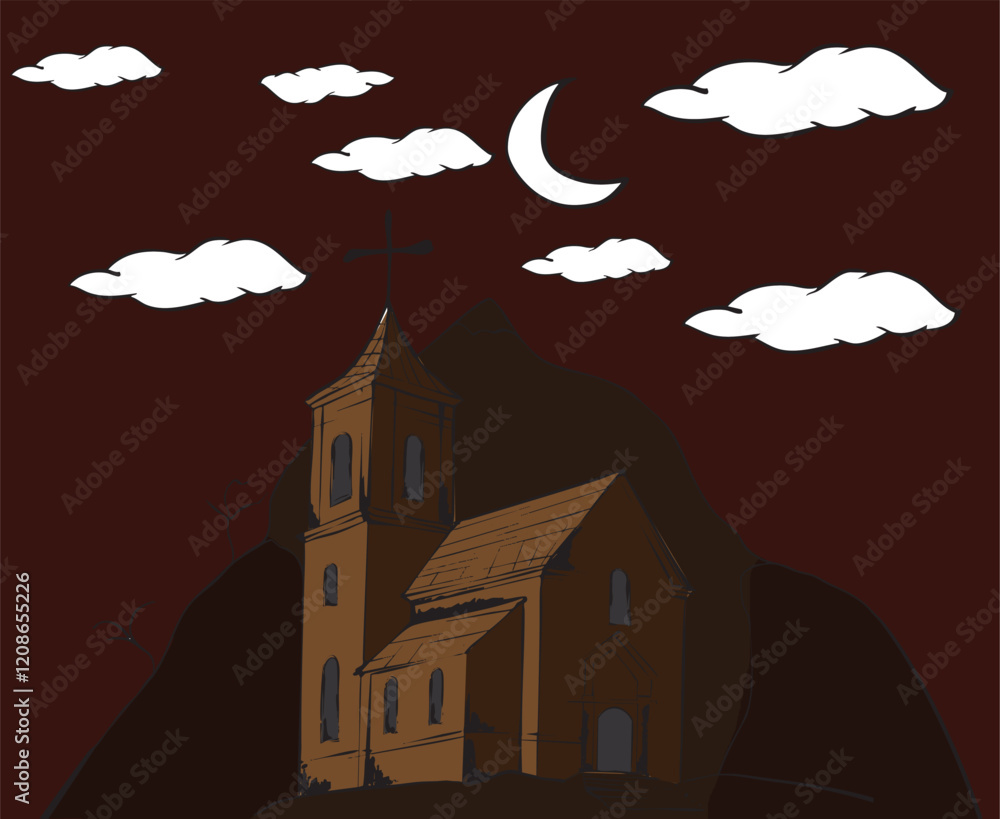 Poster Church standing on a hill under crescent moon and cloudy sky ...