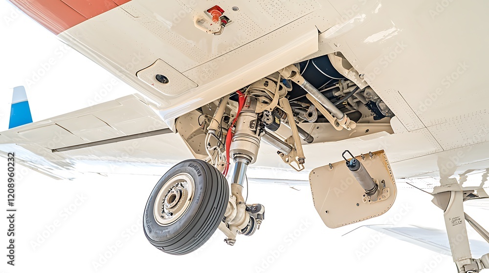 Poster A dynamic angled view of an airplane's landing gear ...