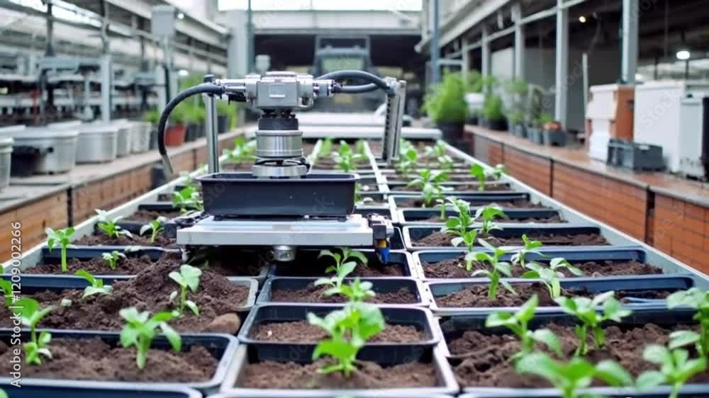 Robotic arm planting young seedlings in an industrial nursery ...