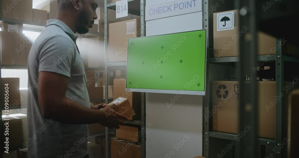 Stockvideon African American Warehouse Associate Scans Code on Cardboard Box with Scanner ...