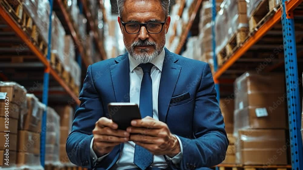 Warehouse Manager Inventory Check: A serious, mature businessman in a ...