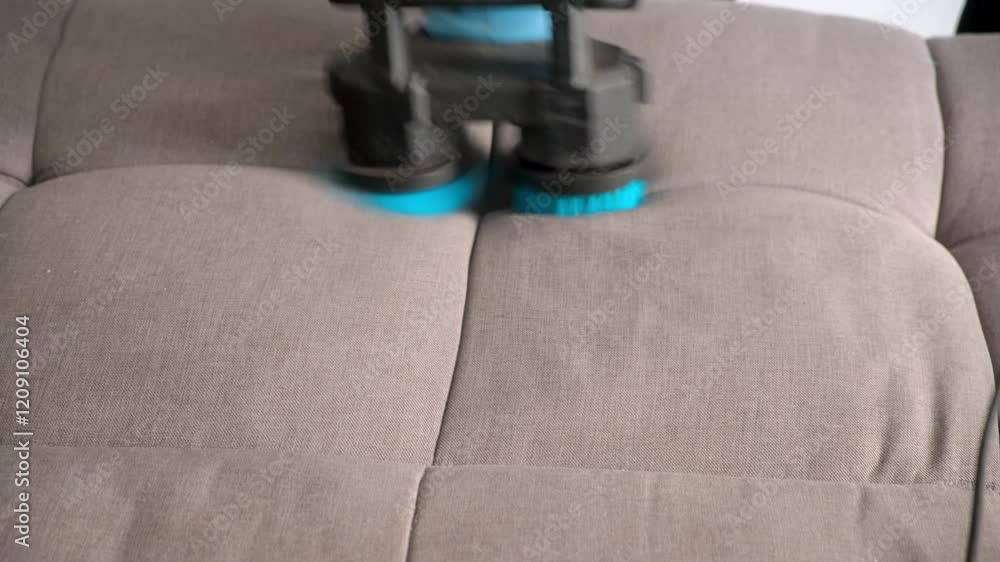 Cleaning service removing stain from sofa using handheld electric ...