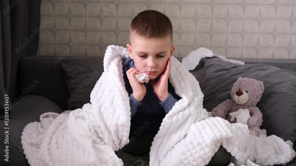 Sick student blows his nose and covers his nose with handkerchief with ...