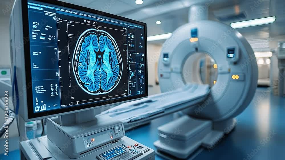 MRI Scan of the Brain: A close-up of a computer screen displaying a detailed MRI scan of the ...