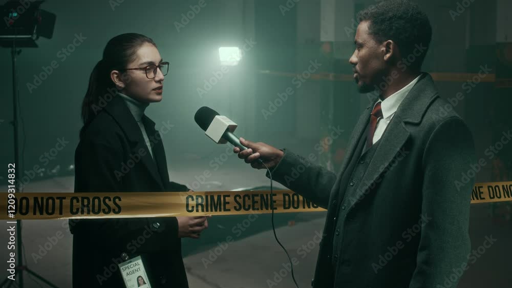 Medium lowkey shot of young Black male journalist interviewing young ...