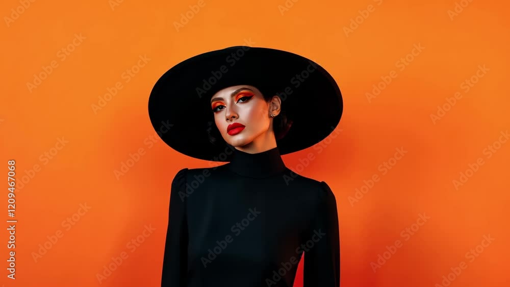 High fashion model posing dramatically, donning black wide brimmed hat ...