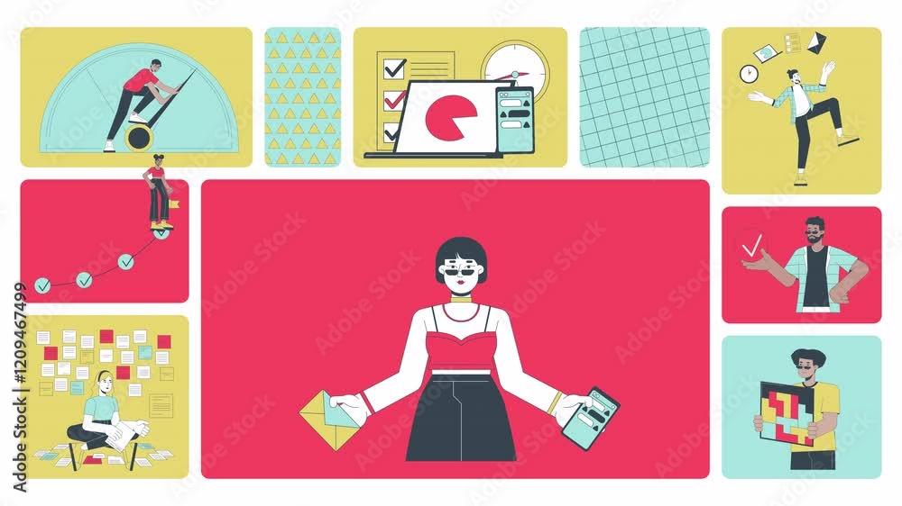 Productivity people animated bento grid layout. Office workflow. Task ...