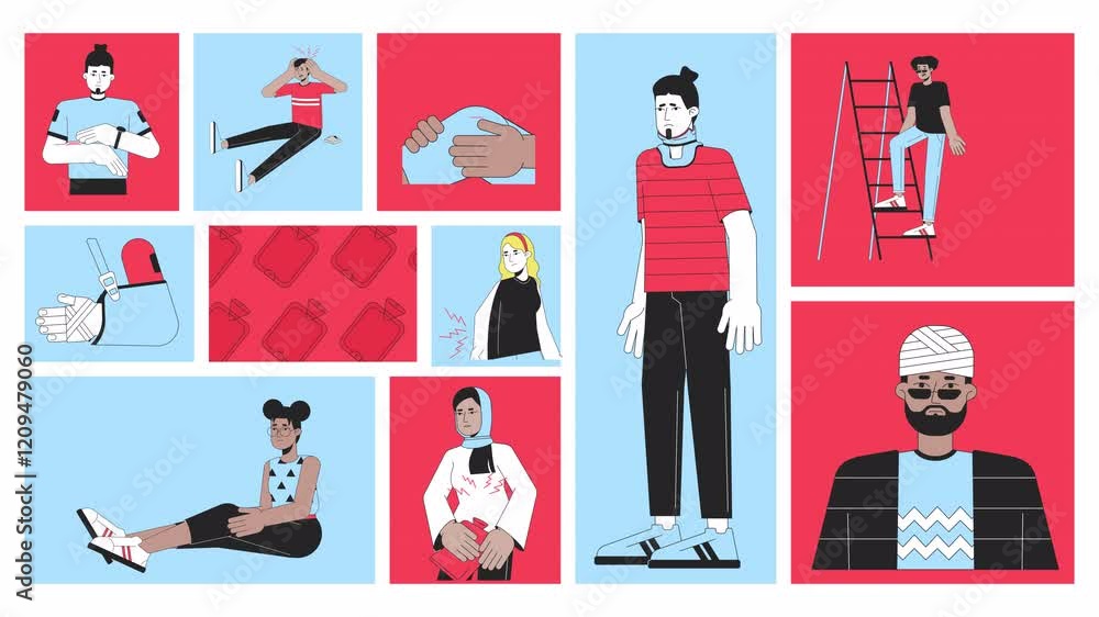 People with injuries animated bento grid layout. Painful accidents and ...