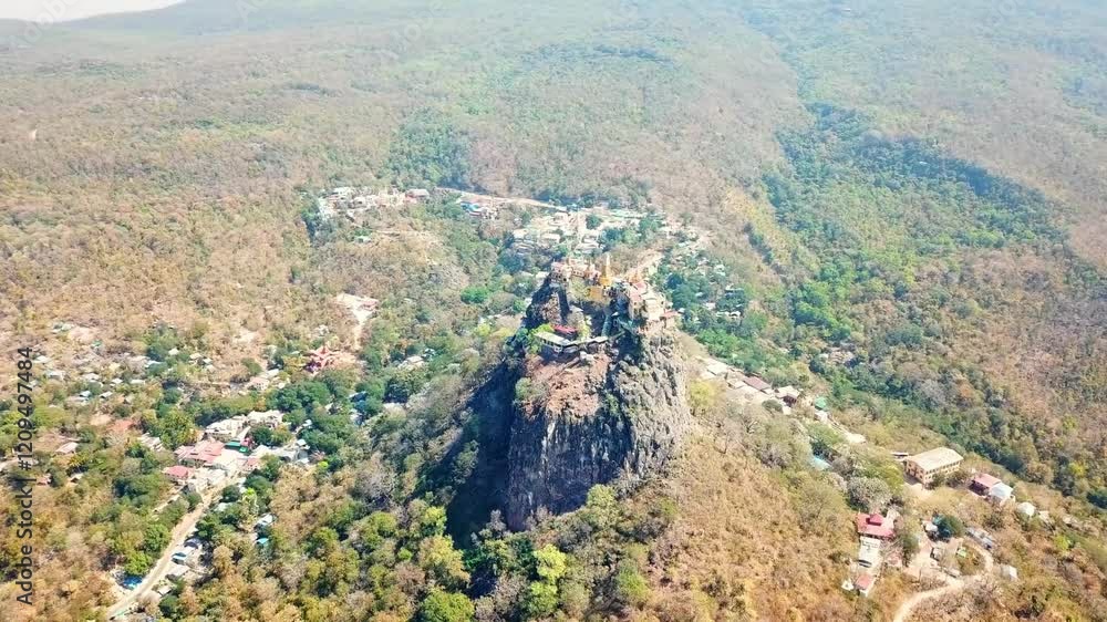 Aerial view of Mount Popa, an extinct volcano with Nat Temple Buddhist ...