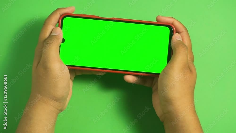 Hands Holding smartphone green screen with isolated on green screen ...