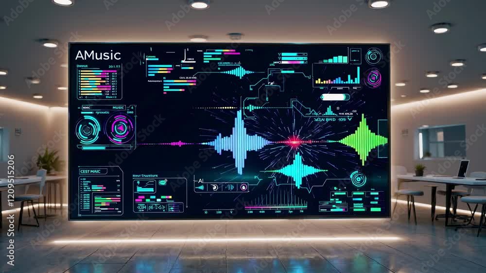 Music production interface displaying waveforms, particle effects, and ...