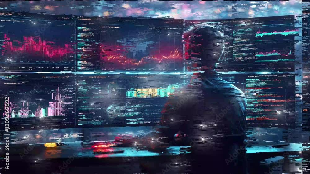 Engaged data analyst reviews complex analytics and trends in the night ...