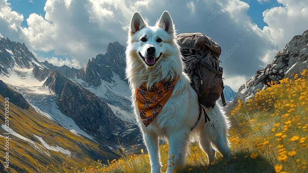 Alpine Adventure Dog: A majestic white dog, wearing a bandana and ...